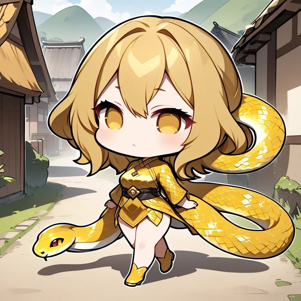 Woman, full body shot,chibi,walking, in the village, golden snake girl ...