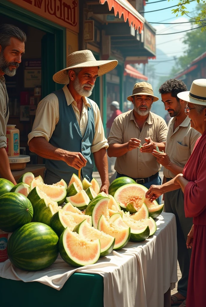 A smart man spread a cloth in front of a watermelon shop and the ...