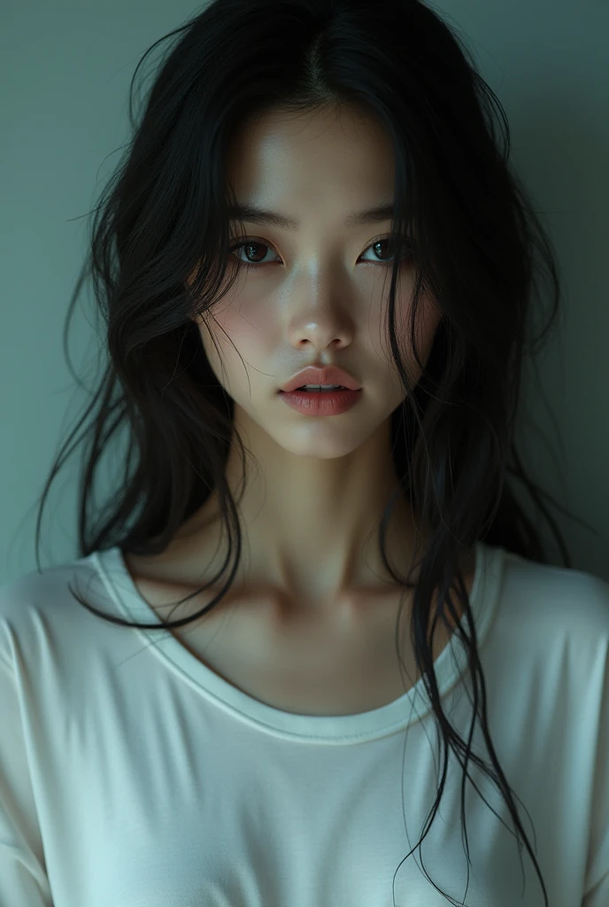 Woman with long hair, wet white t-shirt 、face, slightly slanted eyes ...