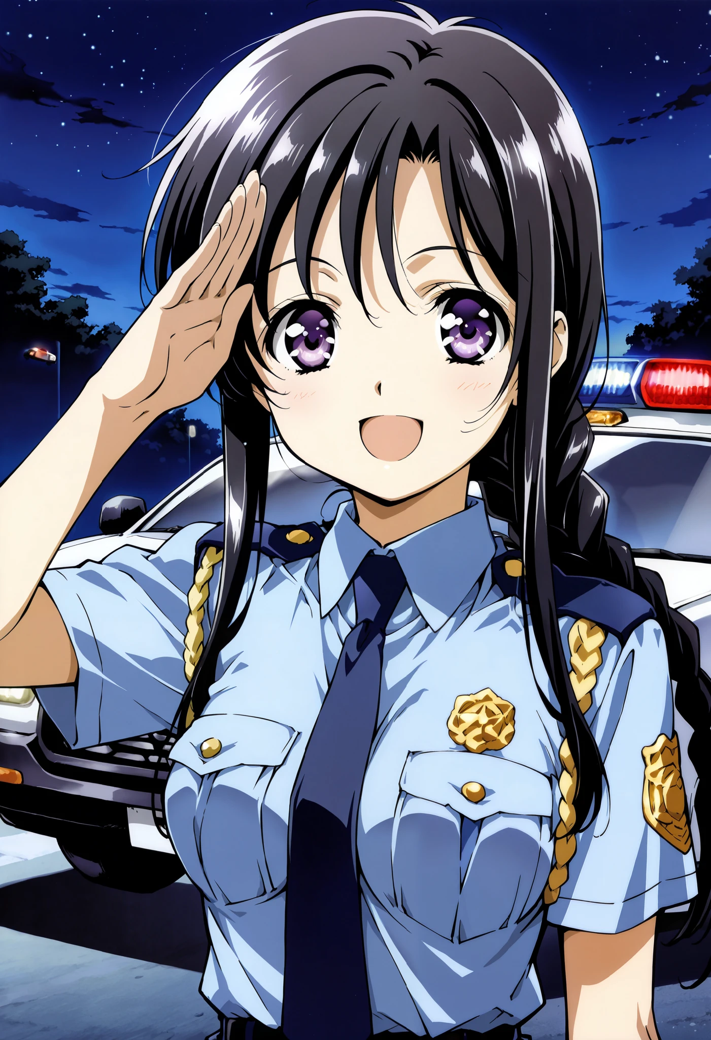 Anime girl in uniform saluting in front of police car - SeaArt AI