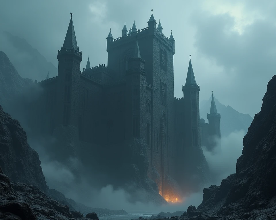 Huge black fort on stone cold mountains side, everything is made of ...
