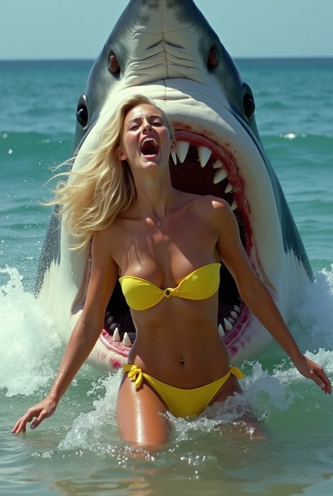 Shark attack beautiful boxum blonde white woman Chrissie ( in the movie jaws - SeaArt AI