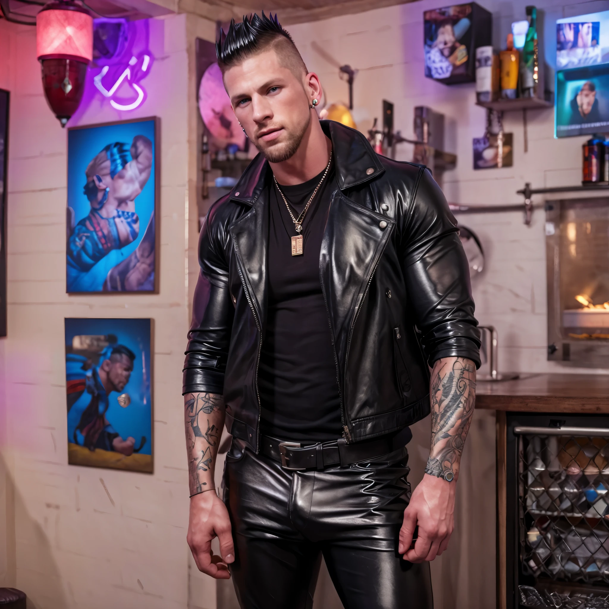 Arafed man in leather pants and a leather jacket standing in a bar ...