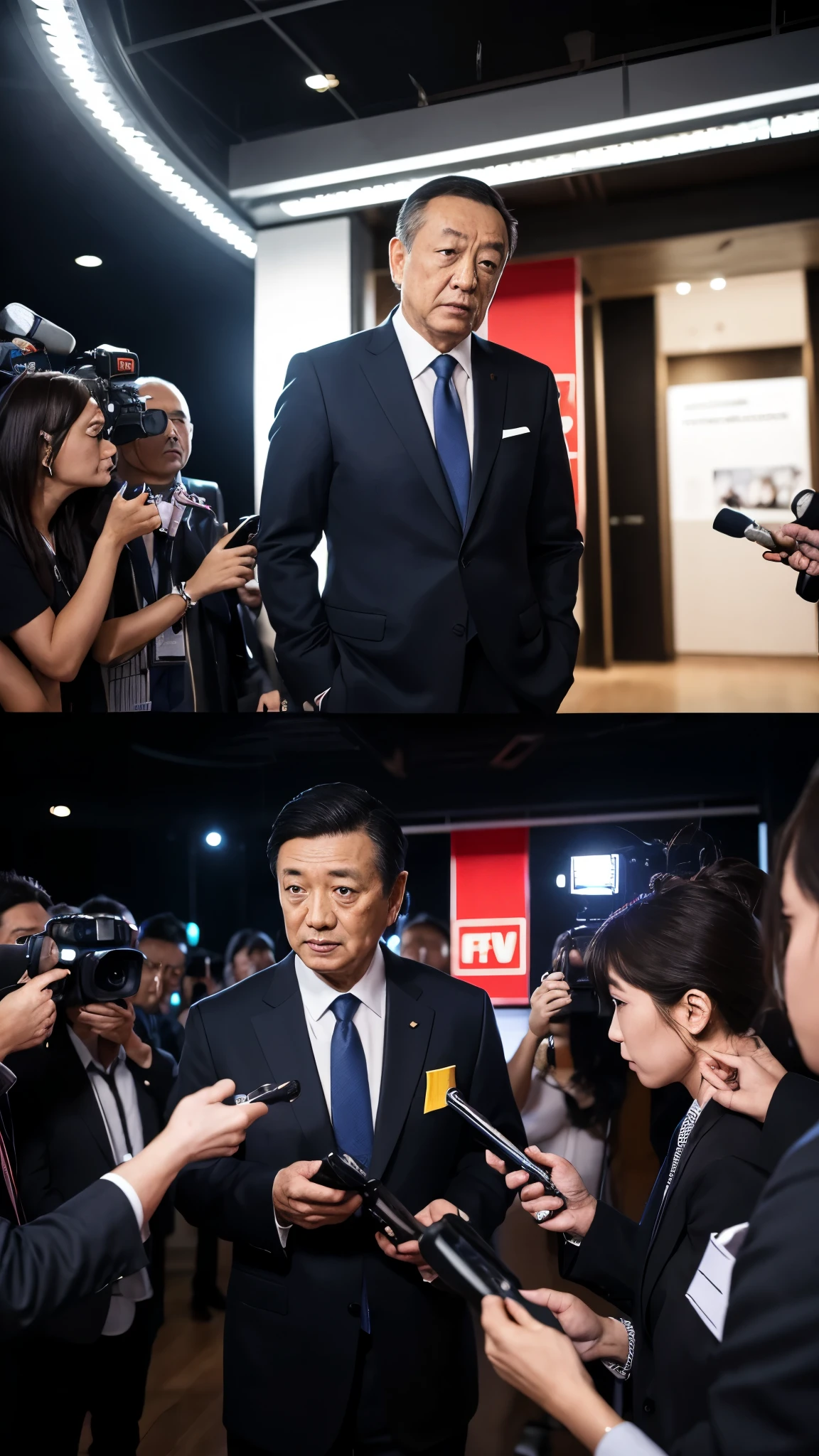 Several pictures of a man in a suit and tie talking to reporters ...