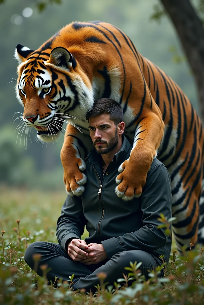Someone man sits down and then the tiger comes riding on his back si ...