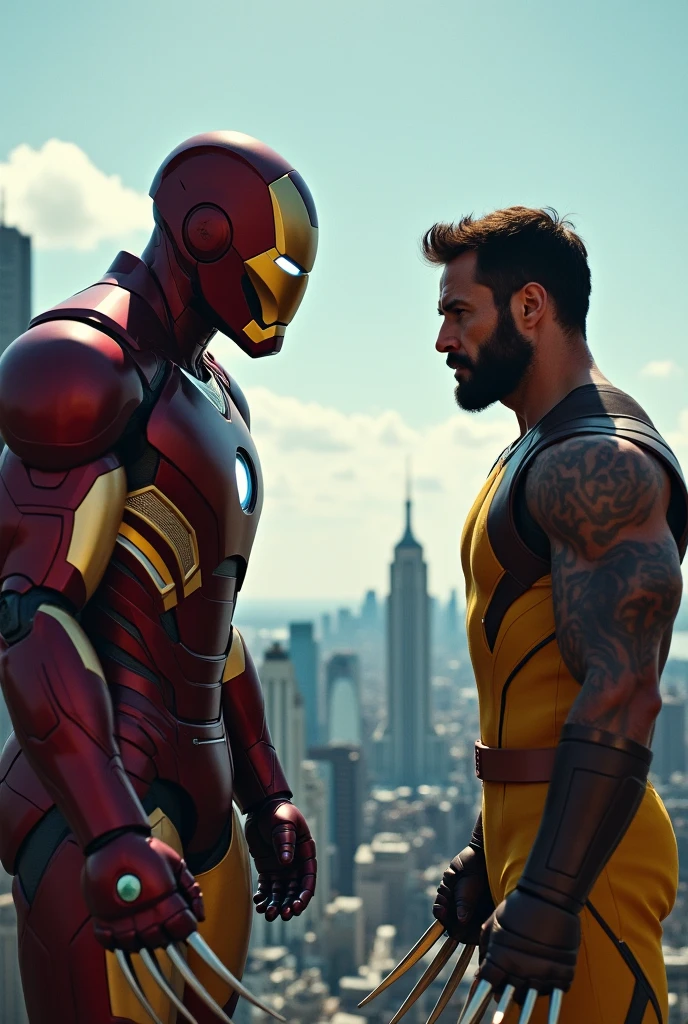 /imagine prompt: A dramatic scene of Wolverine and Iron Man locking ...