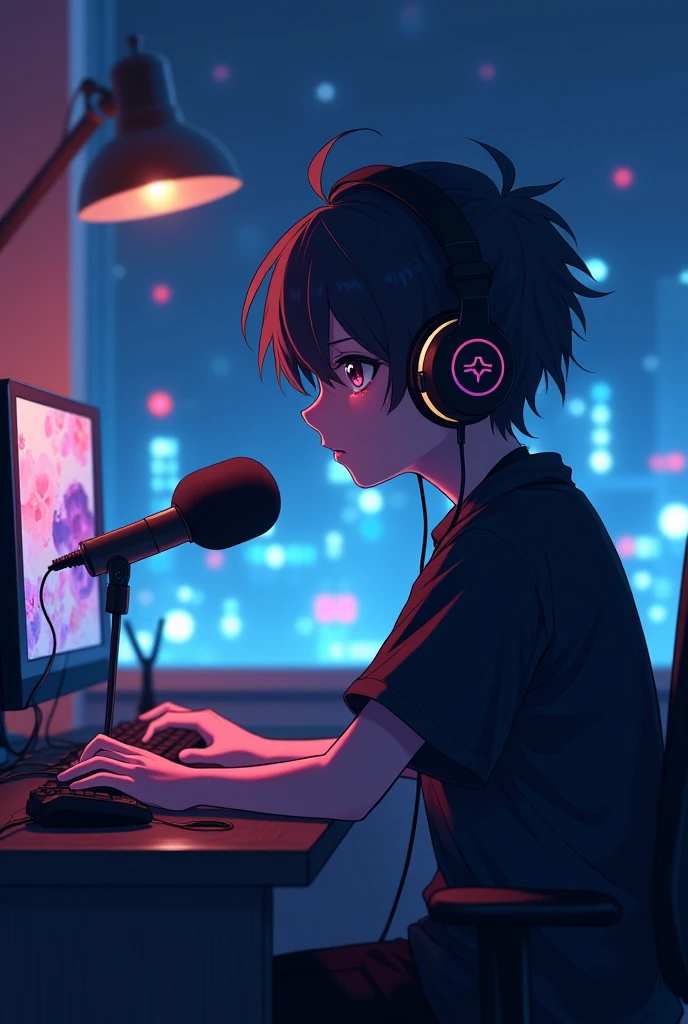 Anime boy sitting at a desk with headphones on and a microphone - SeaArt AI