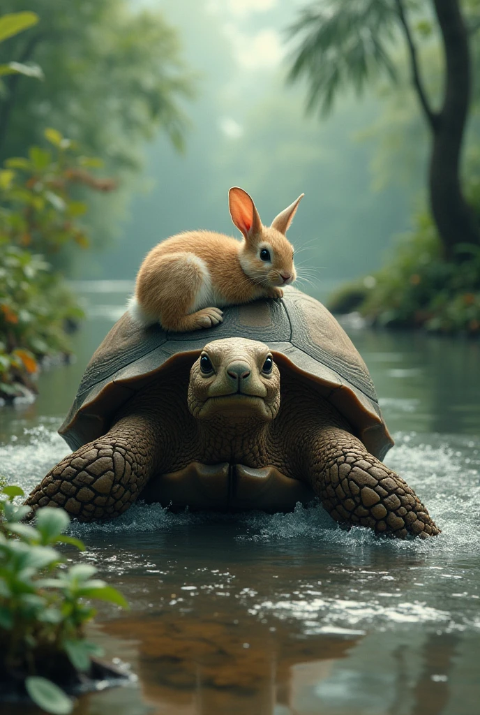 The rabbit tartiose carefully swims through the flood carrying the ...