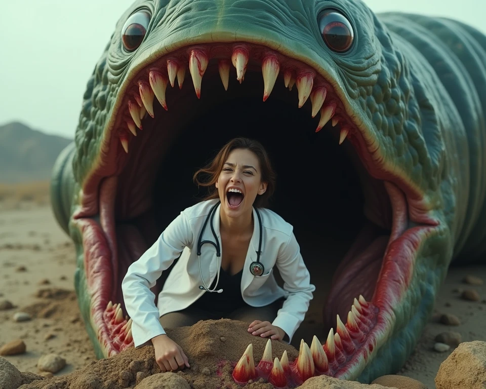 a female doctor is being eaten by a giant worm。 she is screaming in so ...