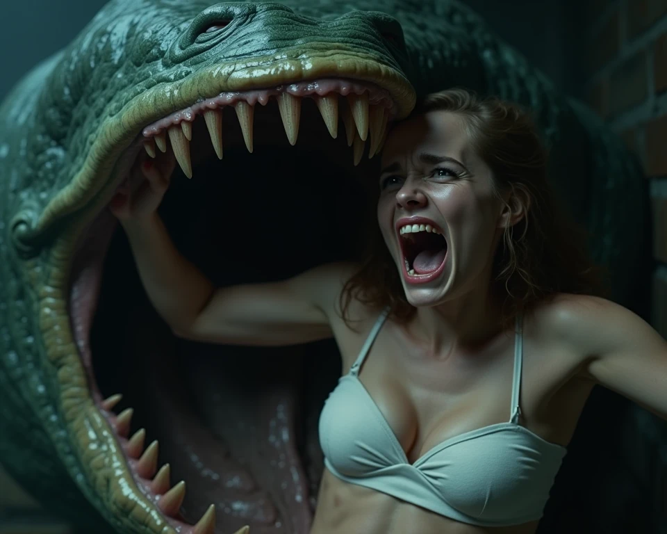Emma Watson in underwear is being eaten by a giant worm。 she is screaming in s - SeaArt AI