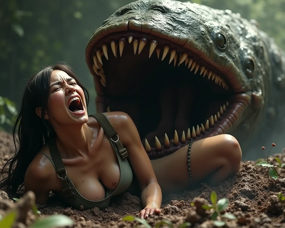 Lara Croft is being eaten by a giant worm。 she is screaming in so much pain - SeaArt AI