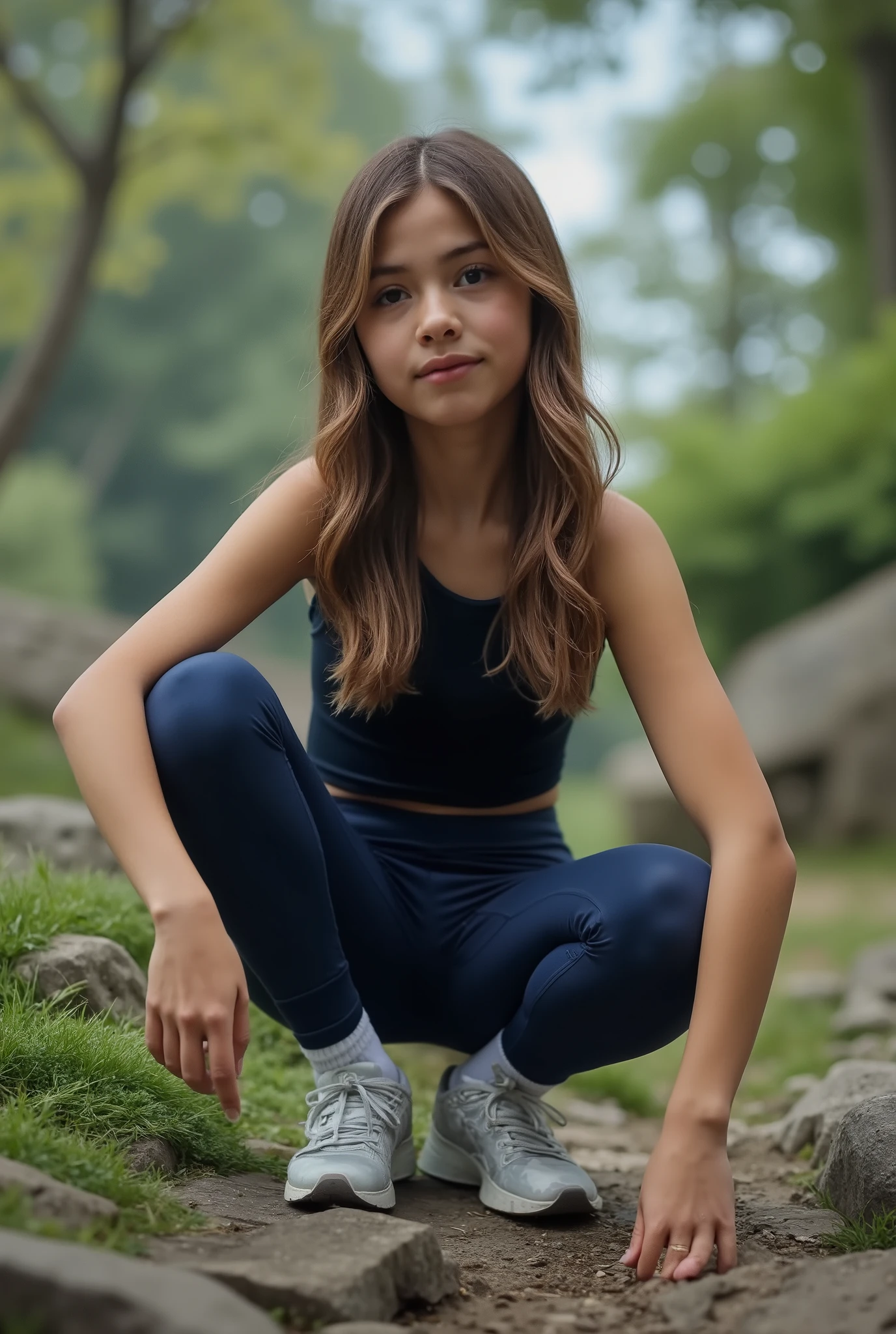 Arafed woman crouching on a rock in a park - SeaArt AI