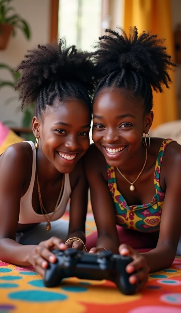 Ghanaian Twins With White bra playing PS5 - SeaArt AI