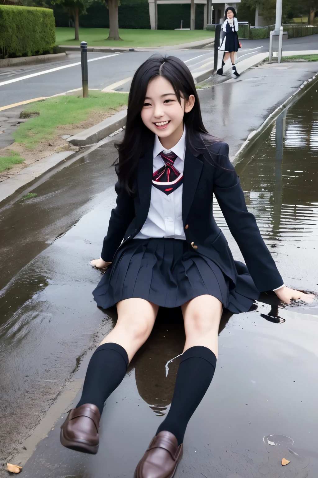 Girl sitting on the ground in a school uniform and knee high socks ...