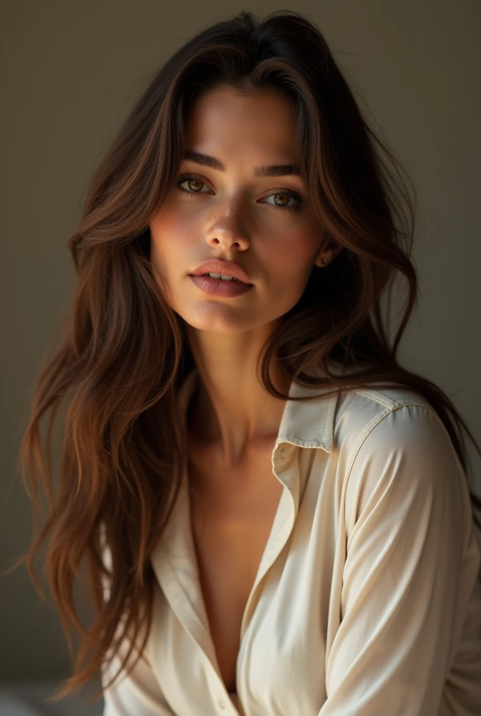 Horny woman with long brown hair wearing a long sleeve blouse - SeaArt AI