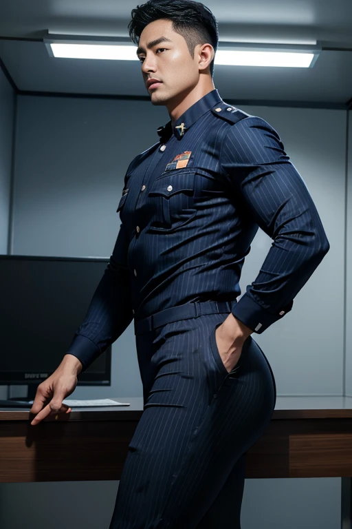 40-year-old boy ,Korean bulky male officer ,Wear navy blue police ...