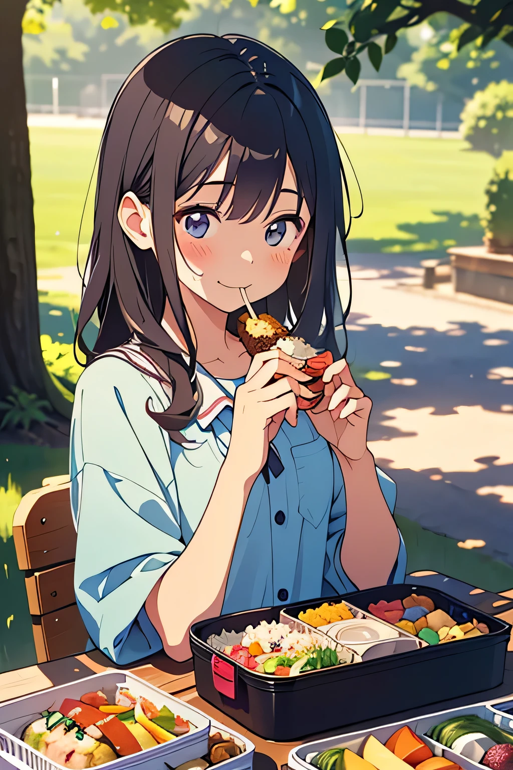 Anime girl eating a sandwich and eating a bowl of food - SeaArt AI