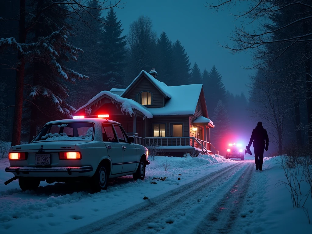 Night scene in front of a snow-covered house , surrounded by a winter ...