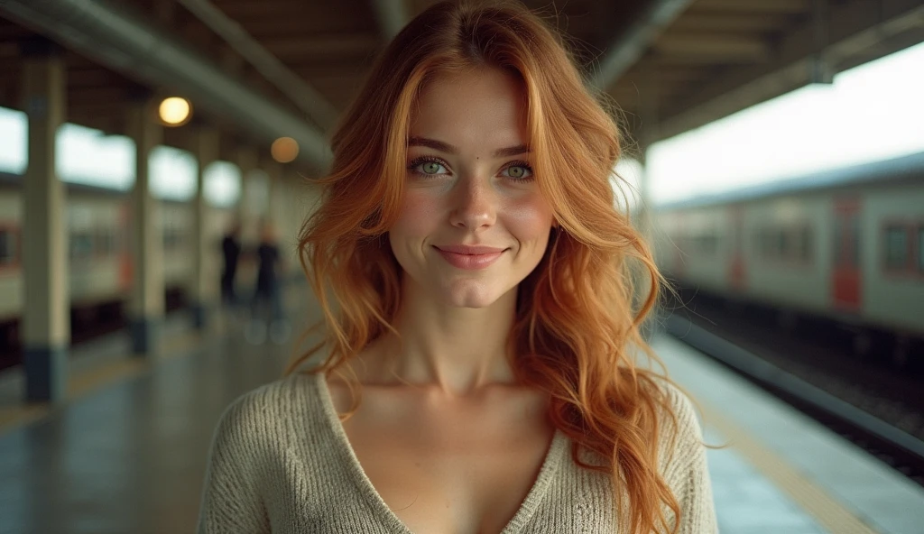 Create a very very buxom young beautiful auburn haired woman with green ...