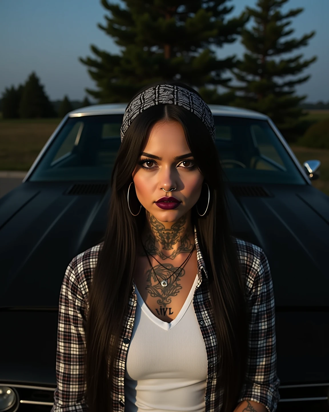 Make the image of a serious Chola Chicana young woman, with white ...