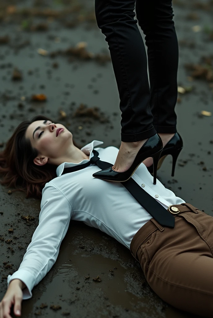 A dead woman dressed in a white shirt and black tie and brown jeans ...