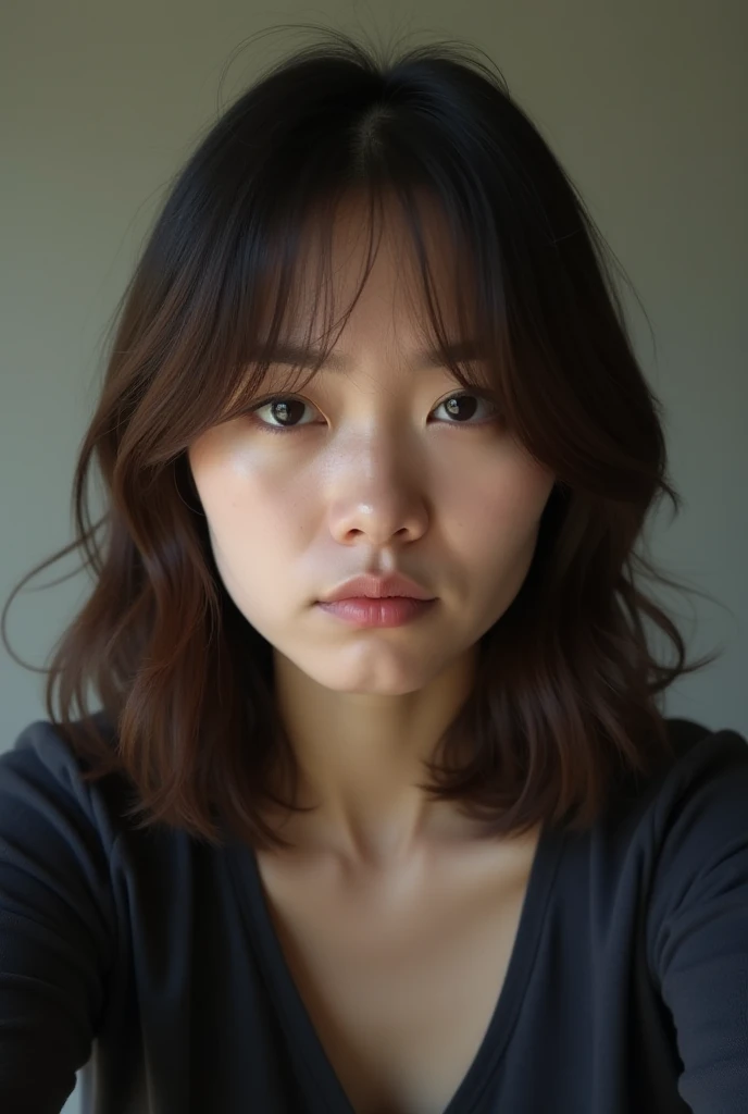 Generate a realistic selfie-style photo of a young woman with brown ...