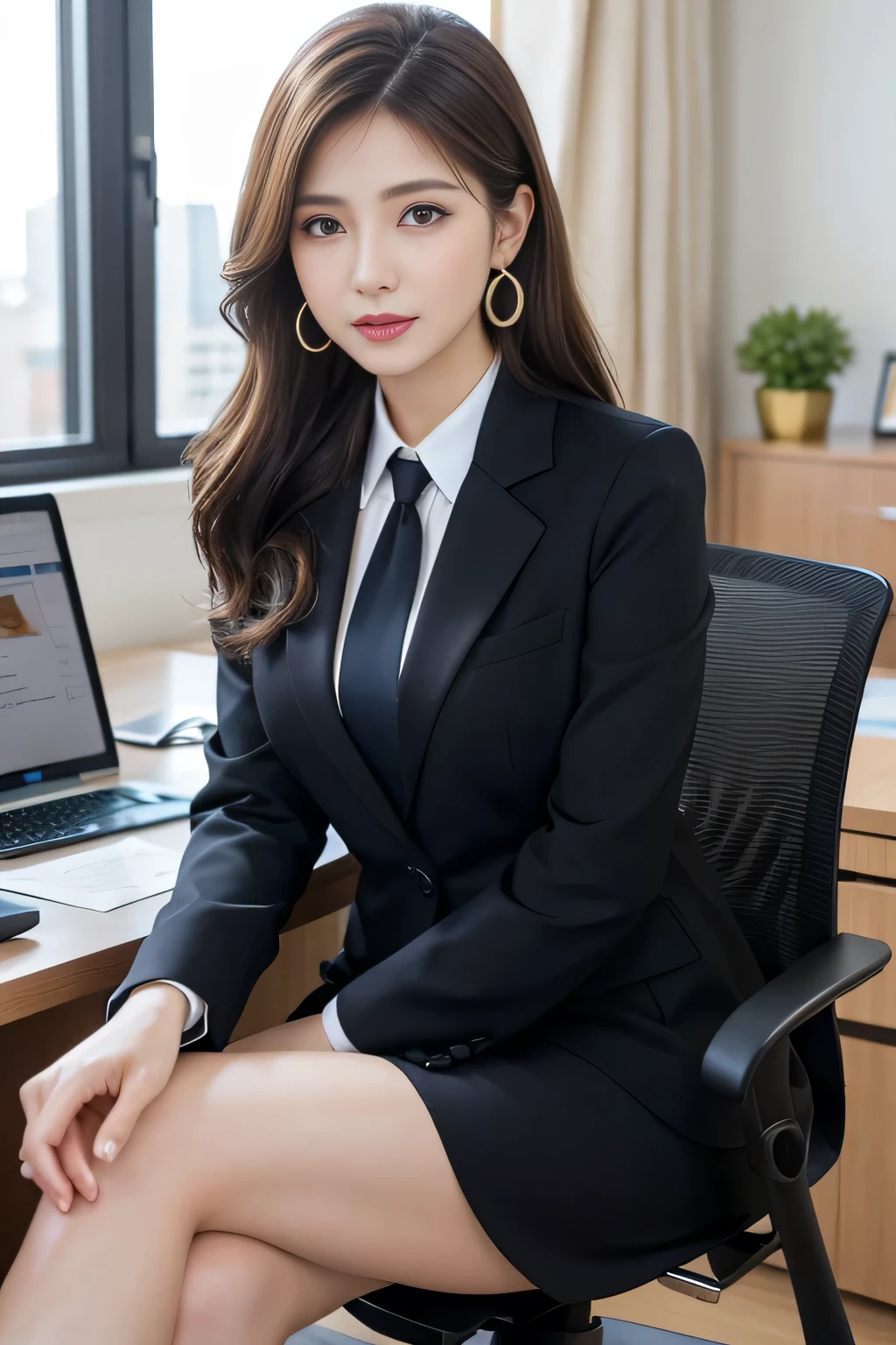 Arafed woman in a black suit sitting in front of a laptop - SeaArt AI