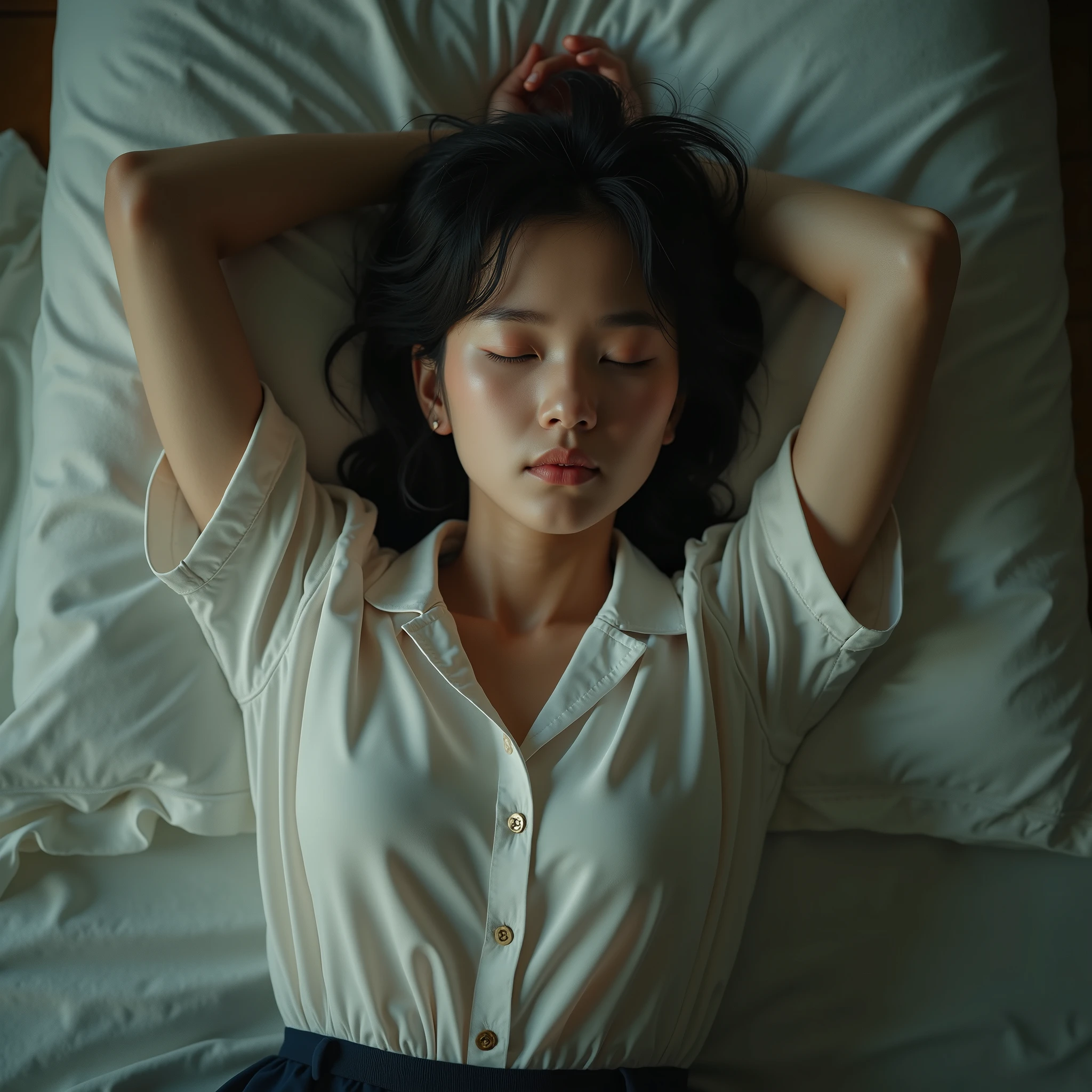 Arafed woman laying on a bed with her eyes closed - SeaArt AI