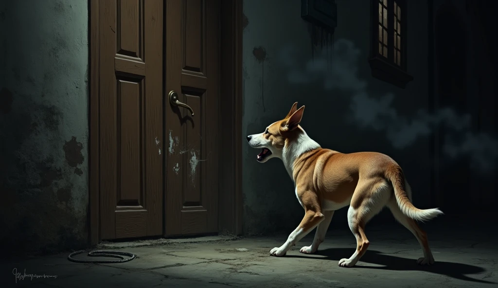 The same medium-sized stray dog, with short brown fur and white patches ...