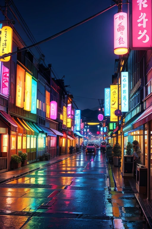 best quality、 Landscape、美しいneon街、Main Street、 Street、neon、 illumination ...