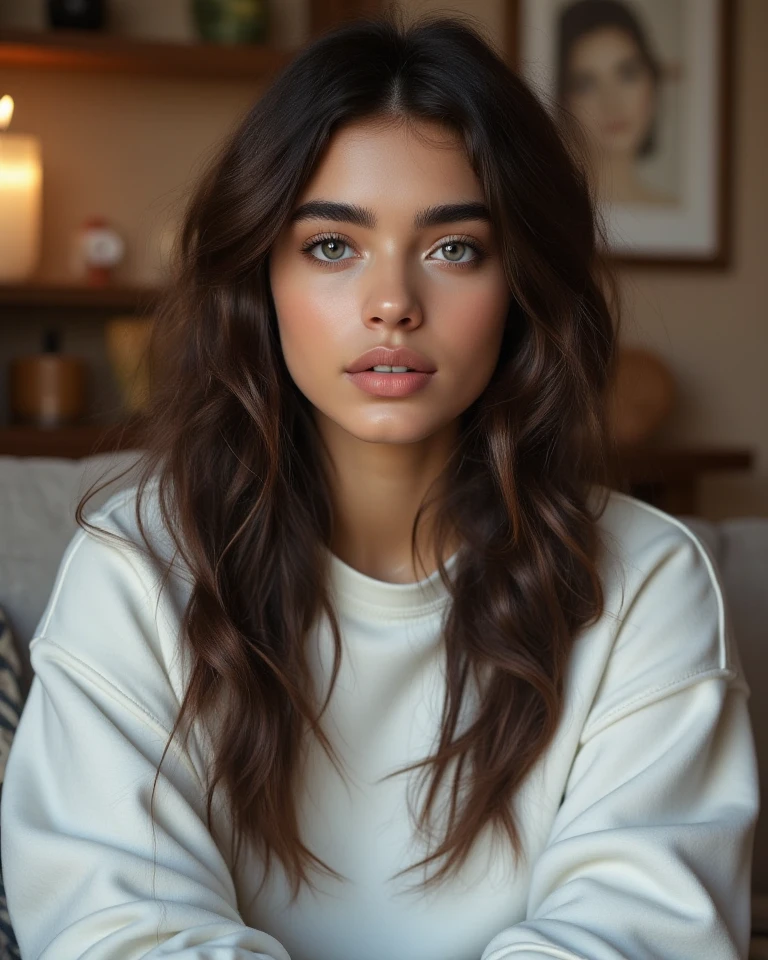 An hyper-realistic portrait of a 18 years old girl sitting on a ...