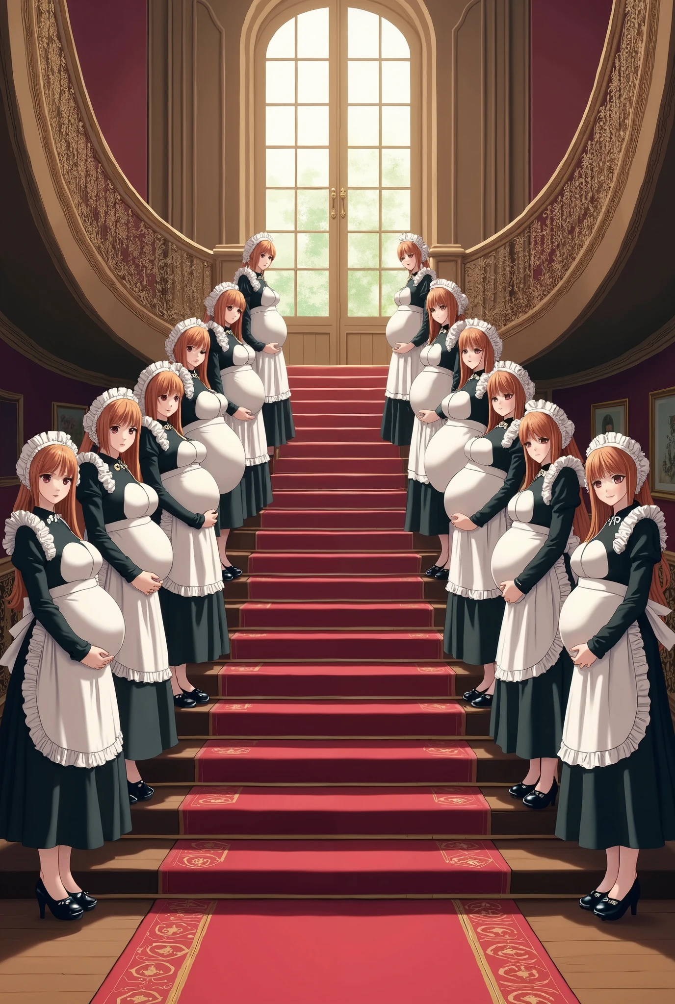 Anime maids in maid uniforms standing on a staircase in a hall - SeaArt AI