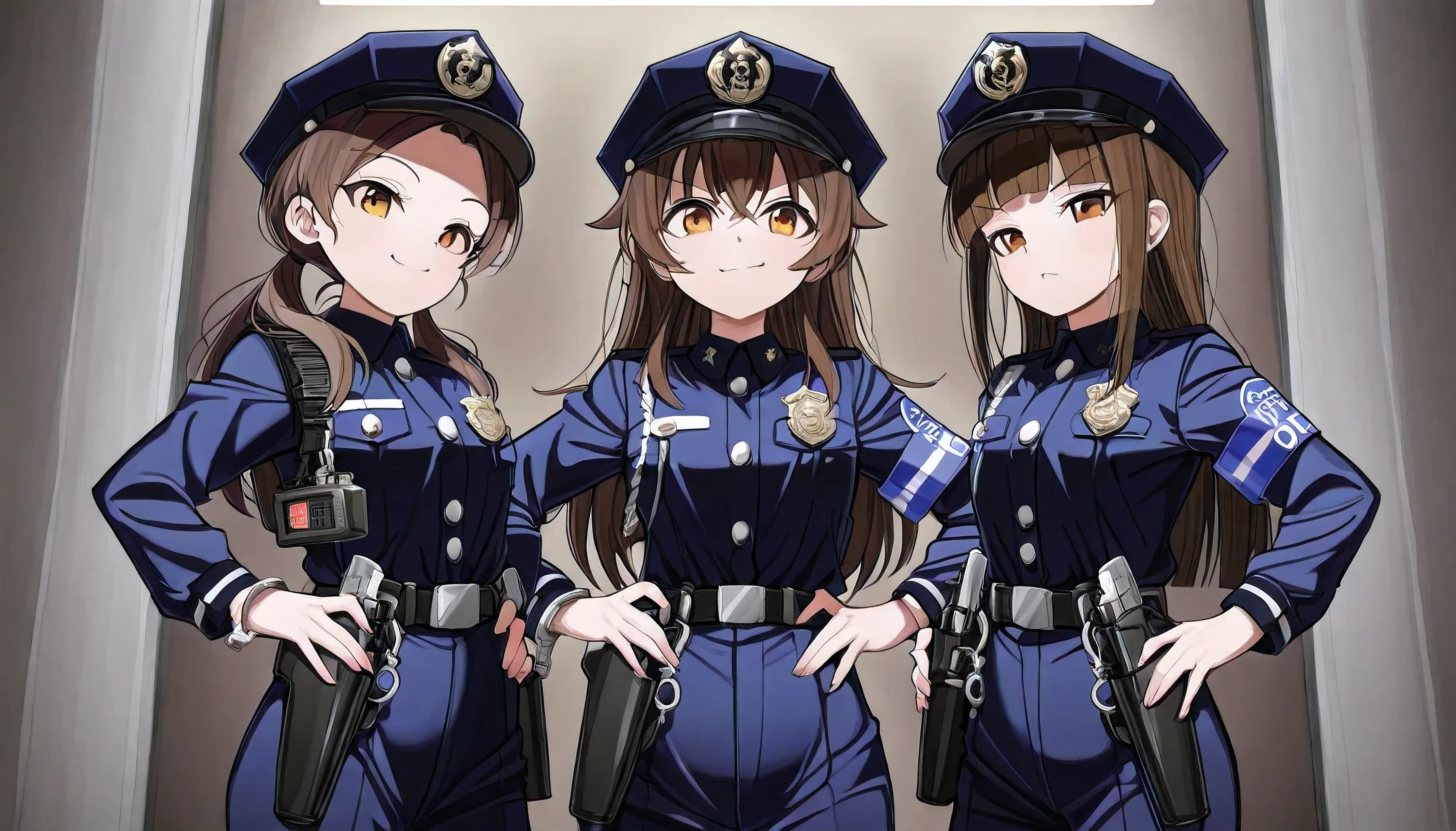 Three anime girls in police uniforms standing next to each other ...