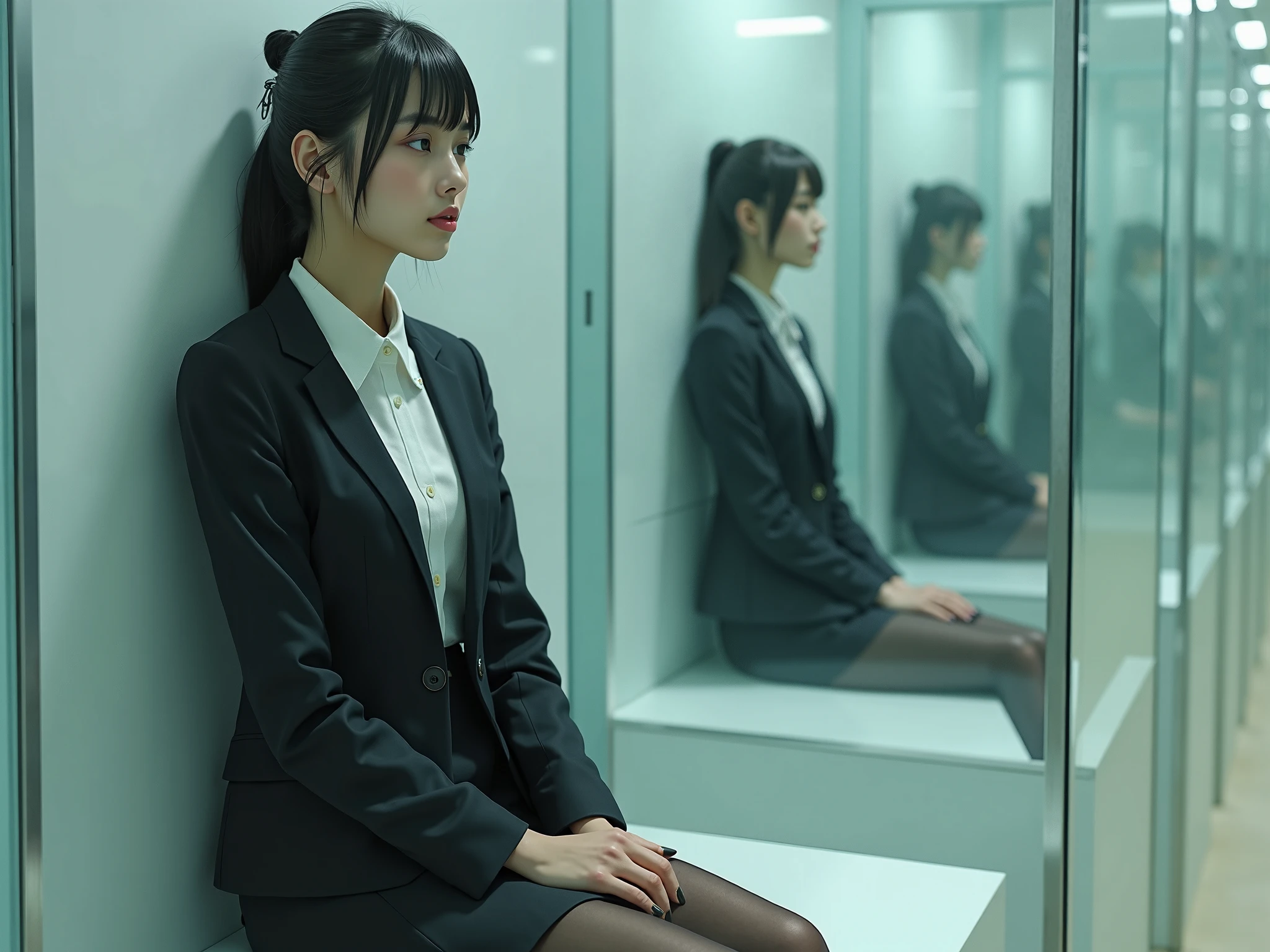 There is a woman sitting on a bench in a room - SeaArt AI