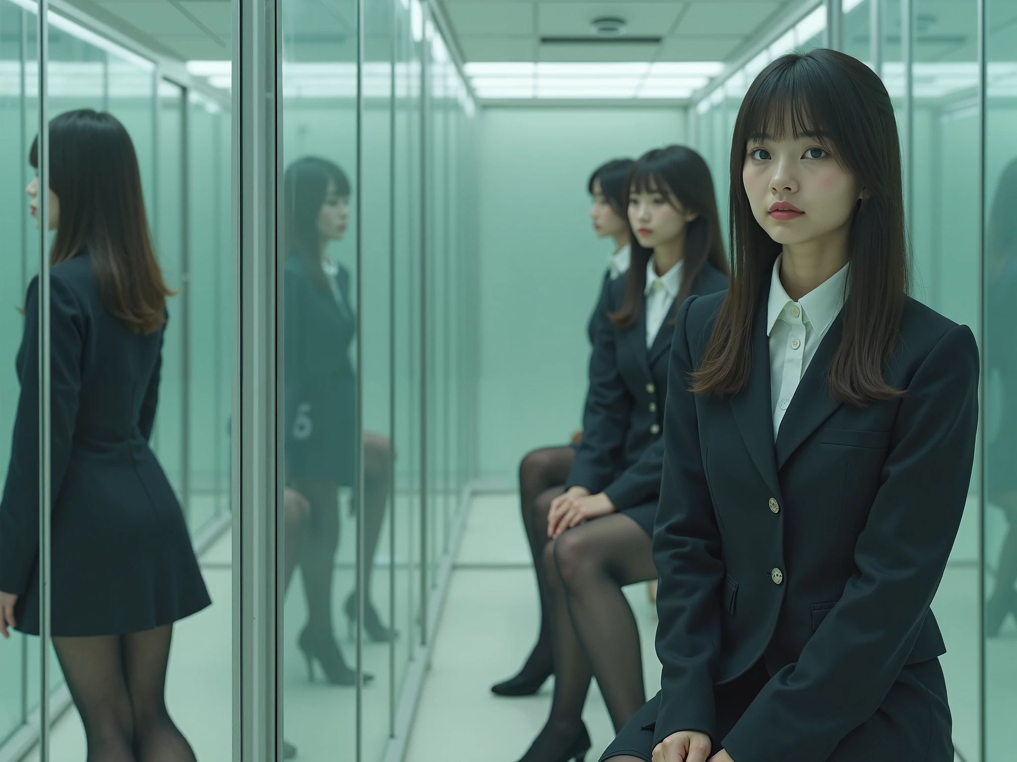 There are many women in uniform sitting in a row in a room - SeaArt AI
