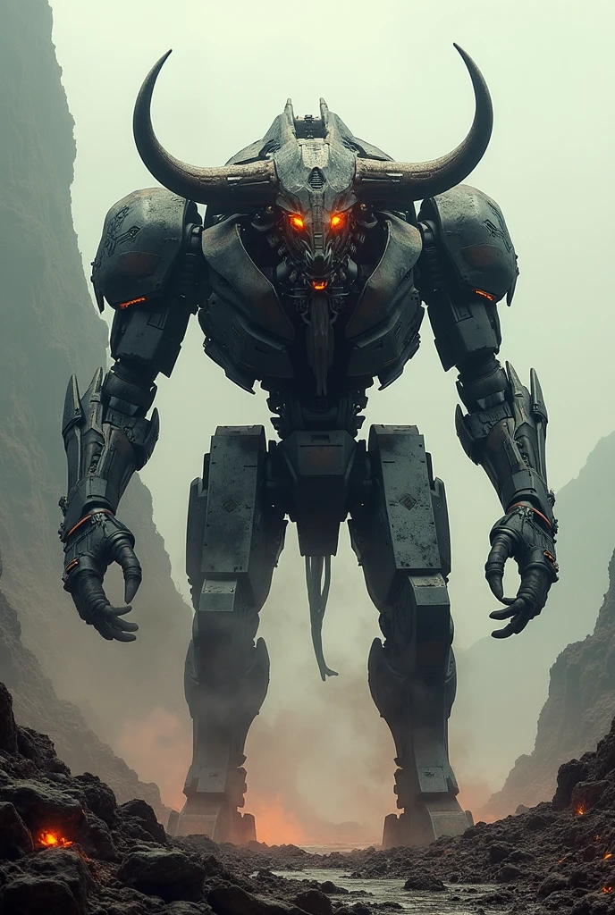 A robot buffalo with a body made of lava steel. It has the head of an ...