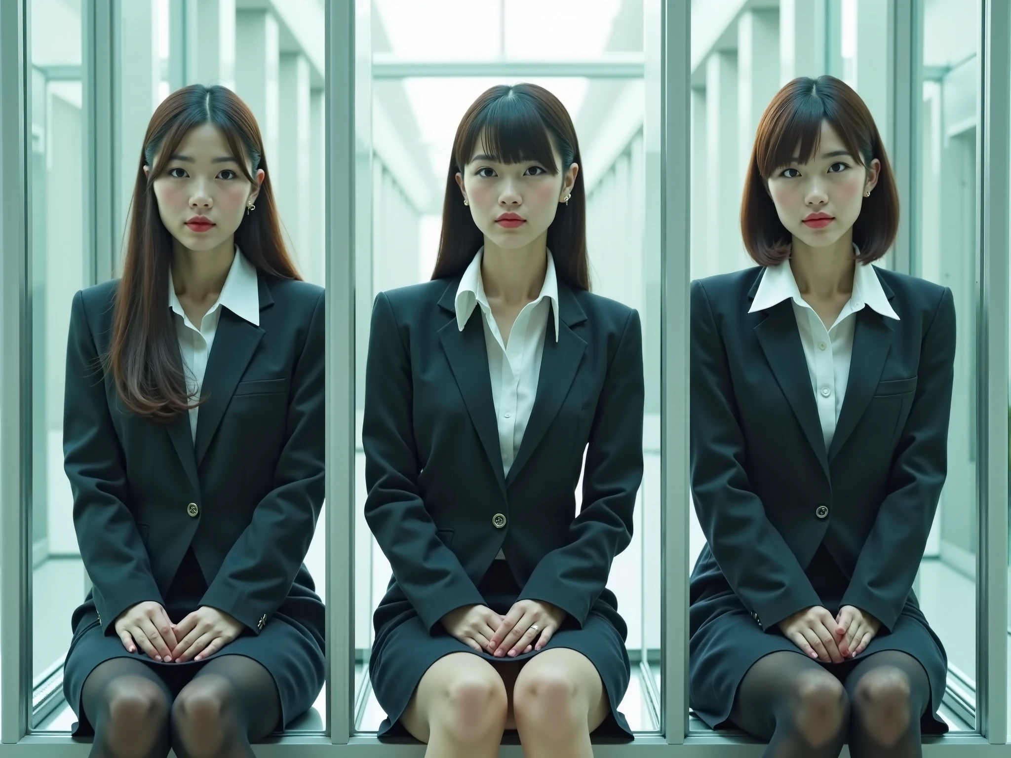 Three women in business attire sitting on a bench in a hallway - SeaArt AI