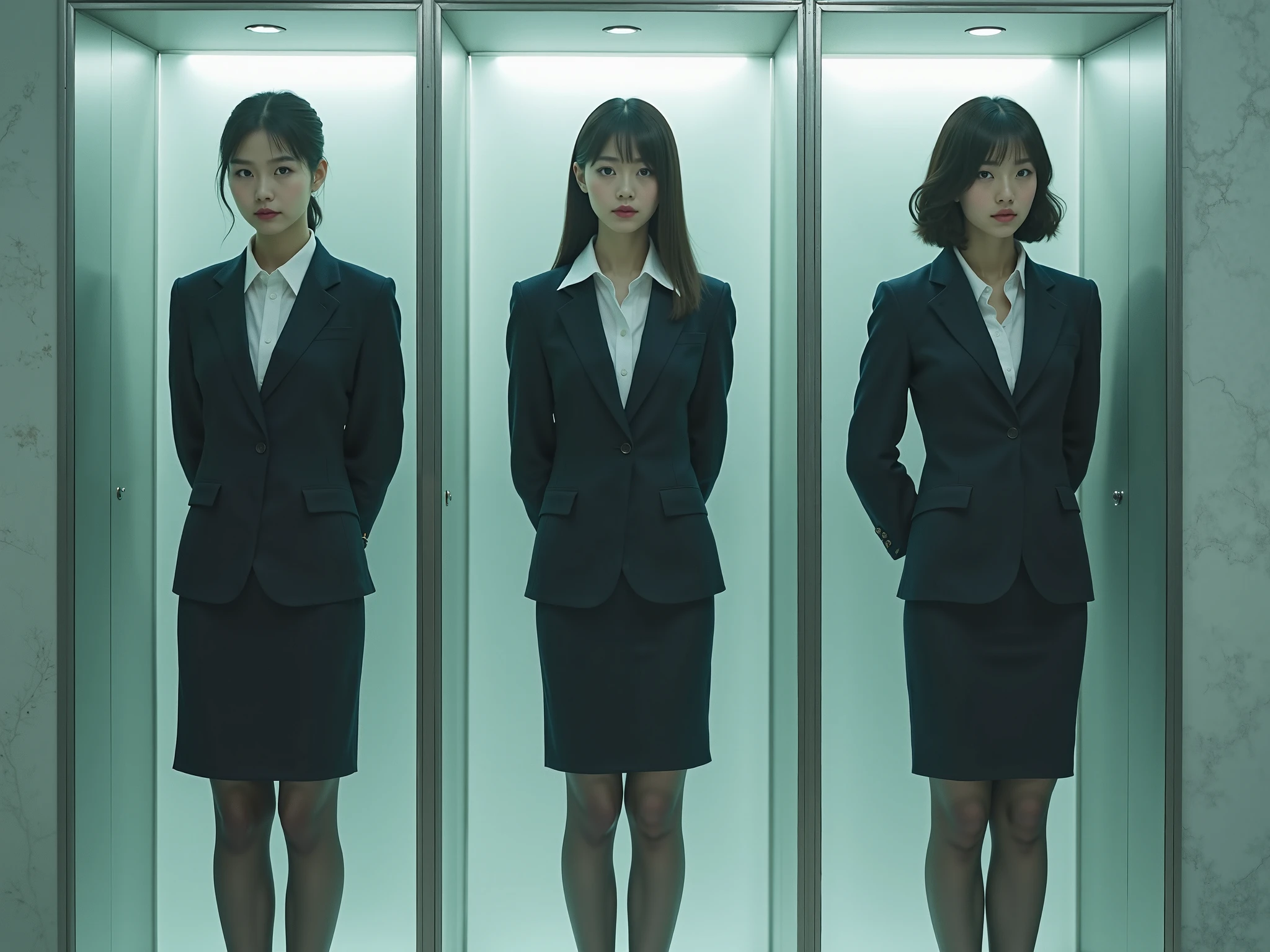 There are three women in suits standing in a elevator - SeaArt AI