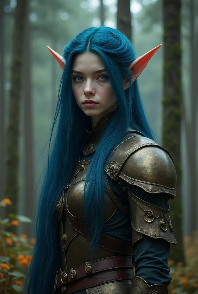 Upper body shot, female, pointed elf ears, white skin, blue velvet hair ...