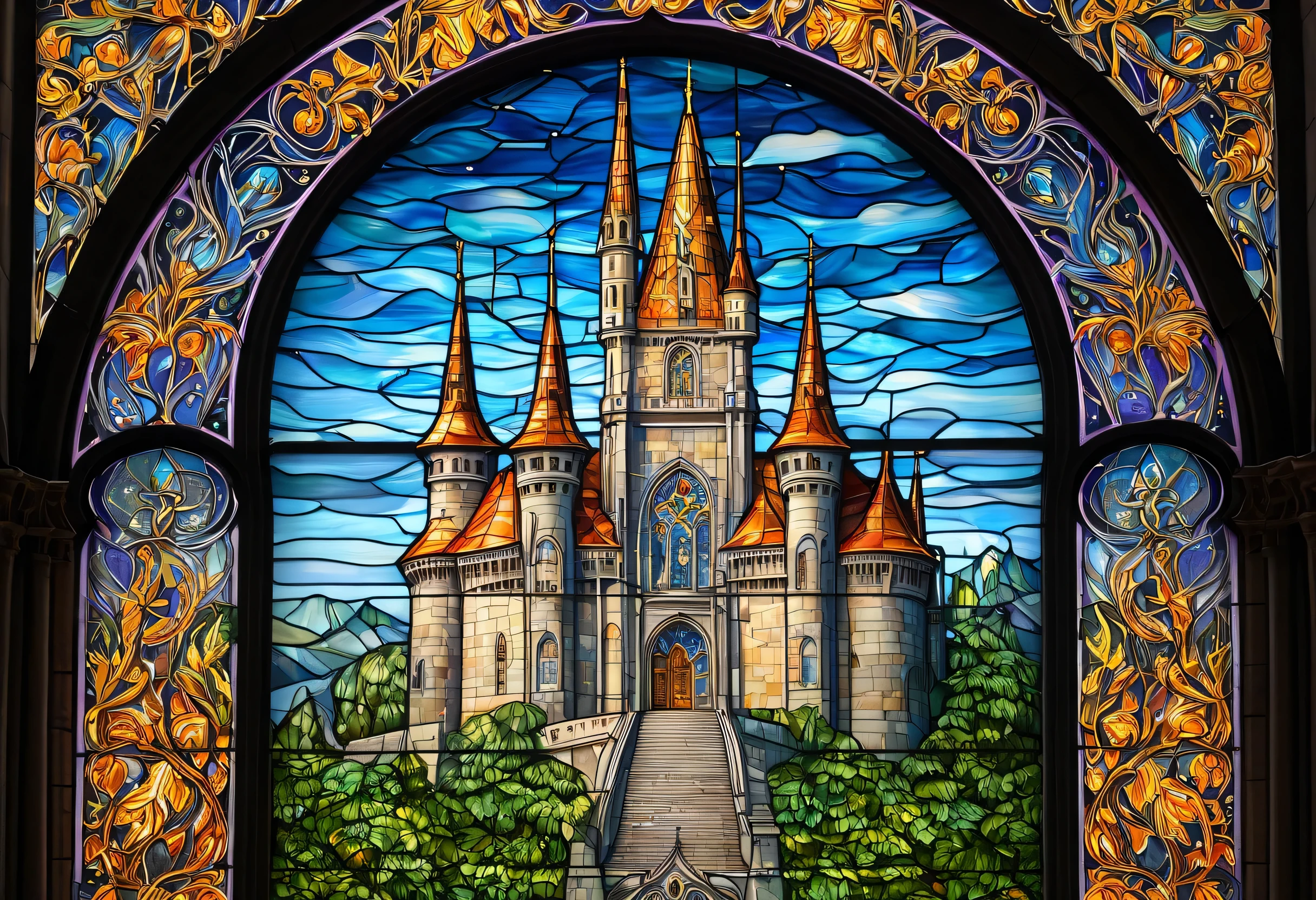 A close up of a stained glass window with a castle in the background ...