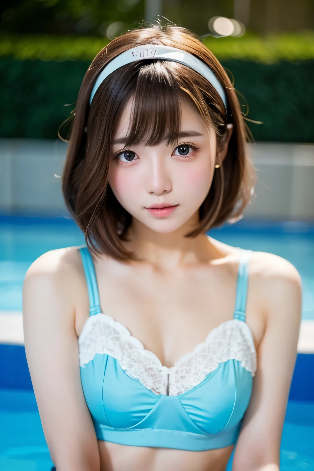 Arafed asian woman in a blue bra top and white panties - SeaArt AI