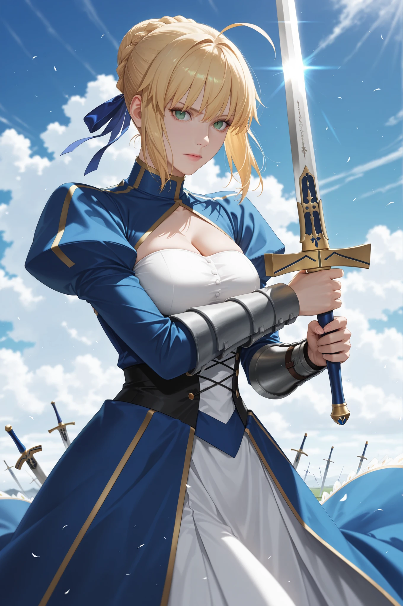 Anime girl with sword in hand and blue dress in front of a blue sky ...