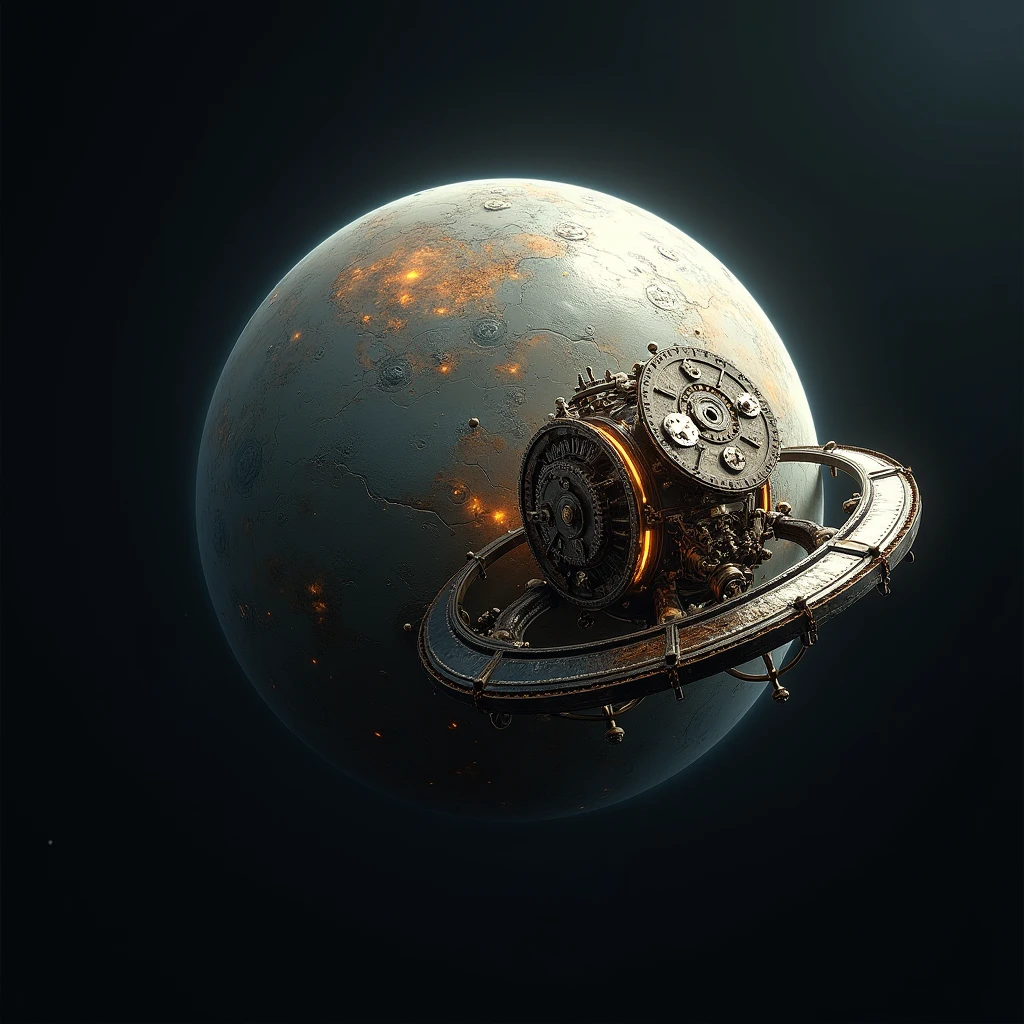 A planet with a smaller mechanical satellite orbiting it, designed with ...