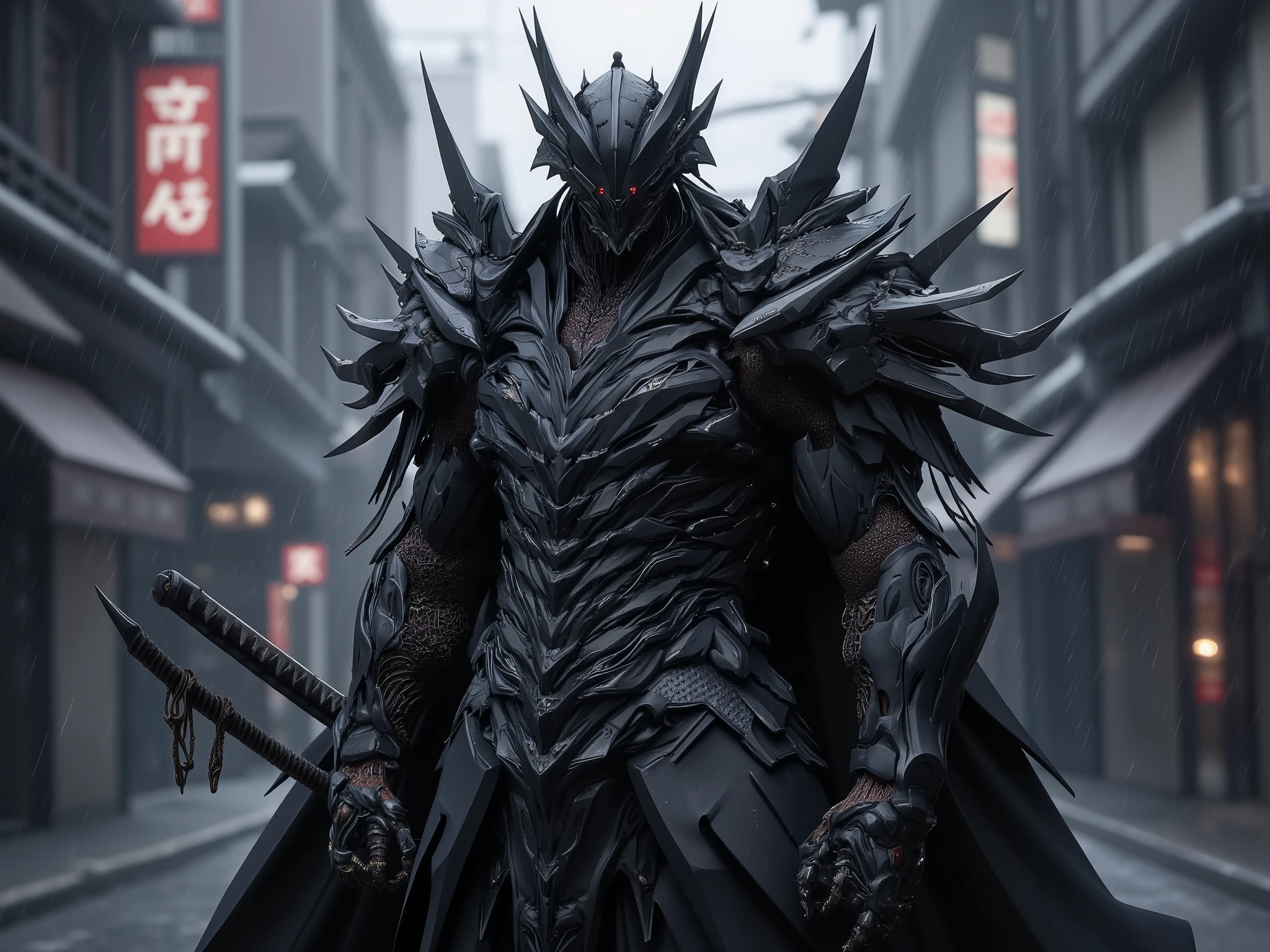 Arafed male in a black armor with a sword in a city - SeaArt AI