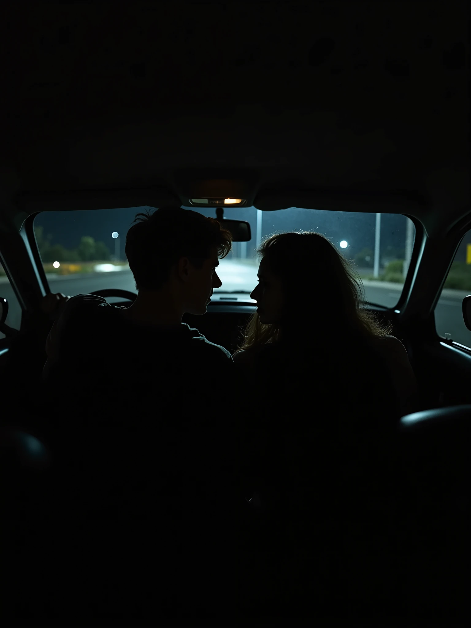 They are sitting in the back of a car at night - SeaArt AI