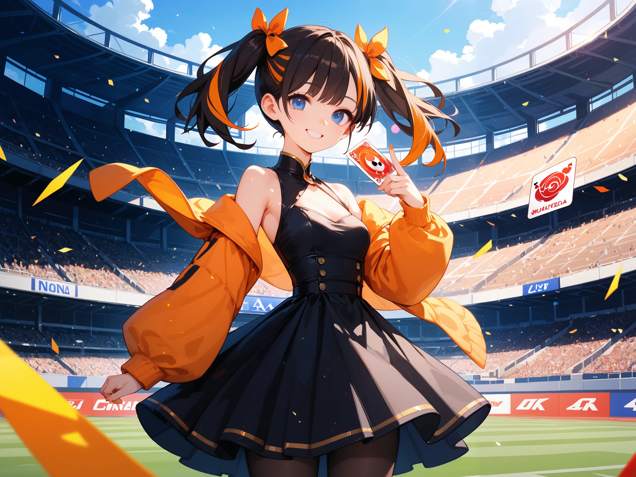 Anime girl in a black dress holding a red and yellow object - SeaArt AI
