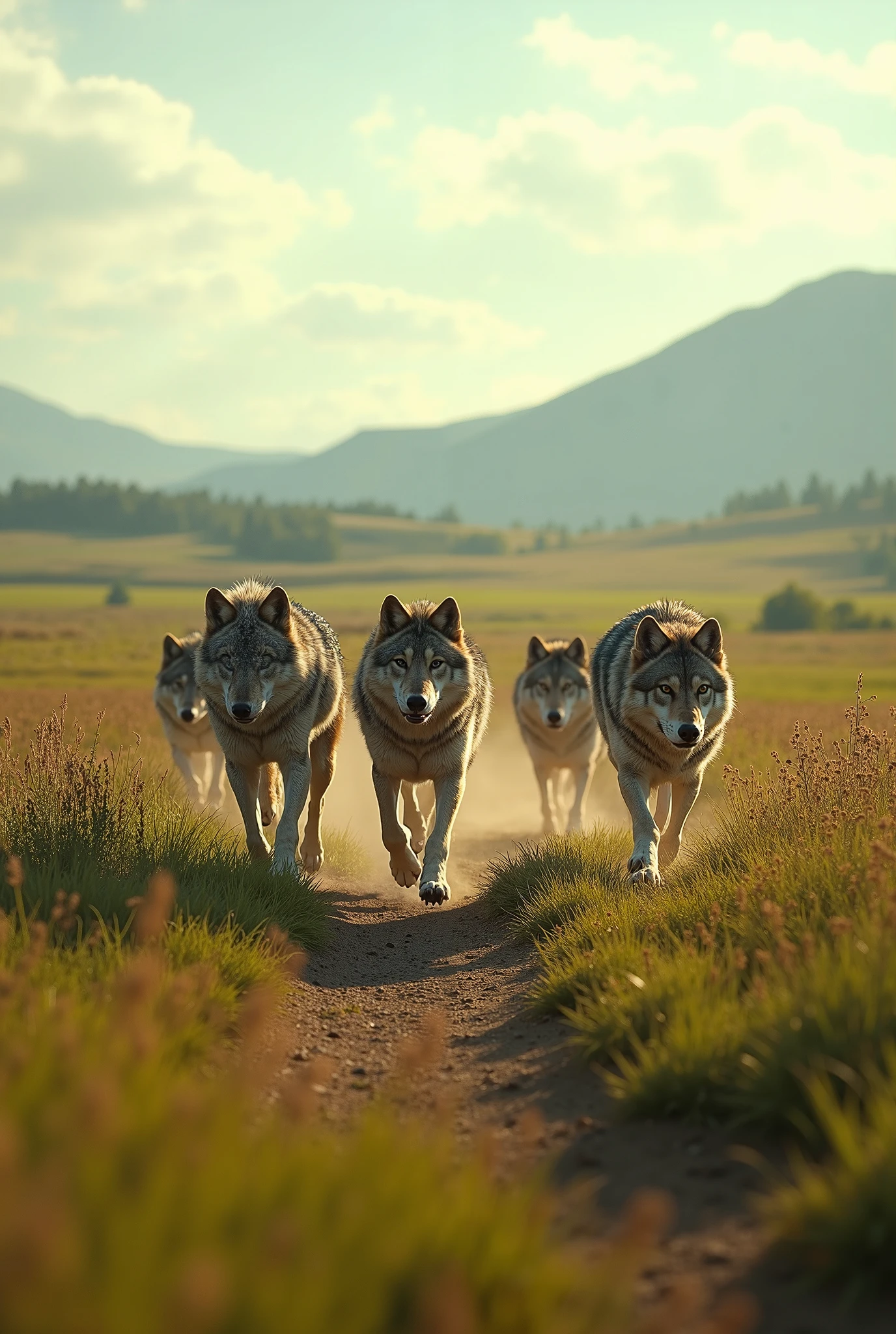 Three dogs running down a dirt road with a mountain in the background ...