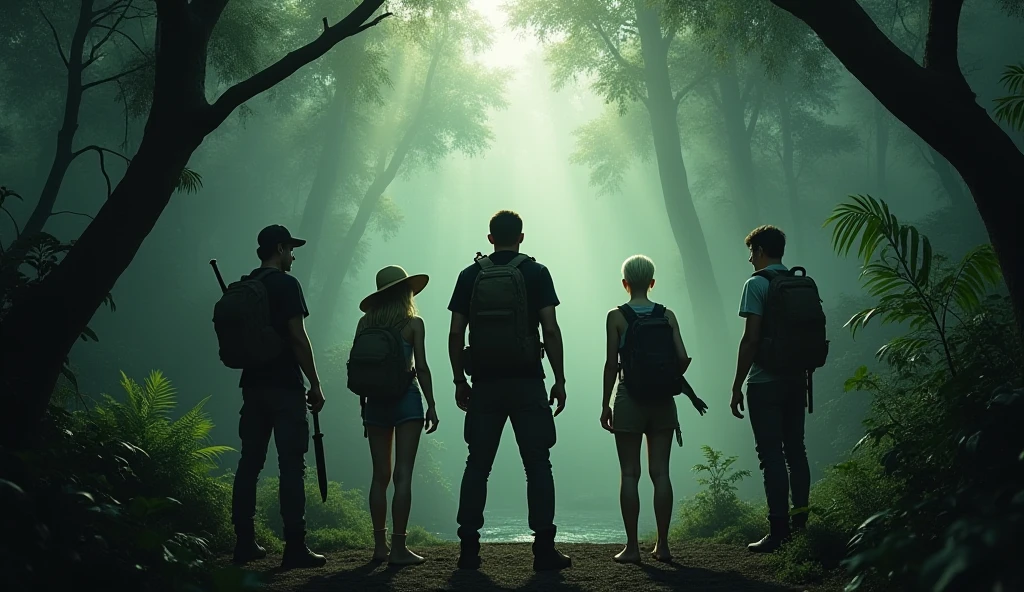 The five explorers stand at the jungle’s edge, looking into the eerie ...