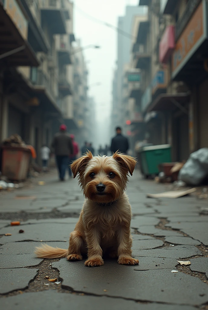 A photo of a dirty, crowded street with Rocky, a scruffy little dog ...