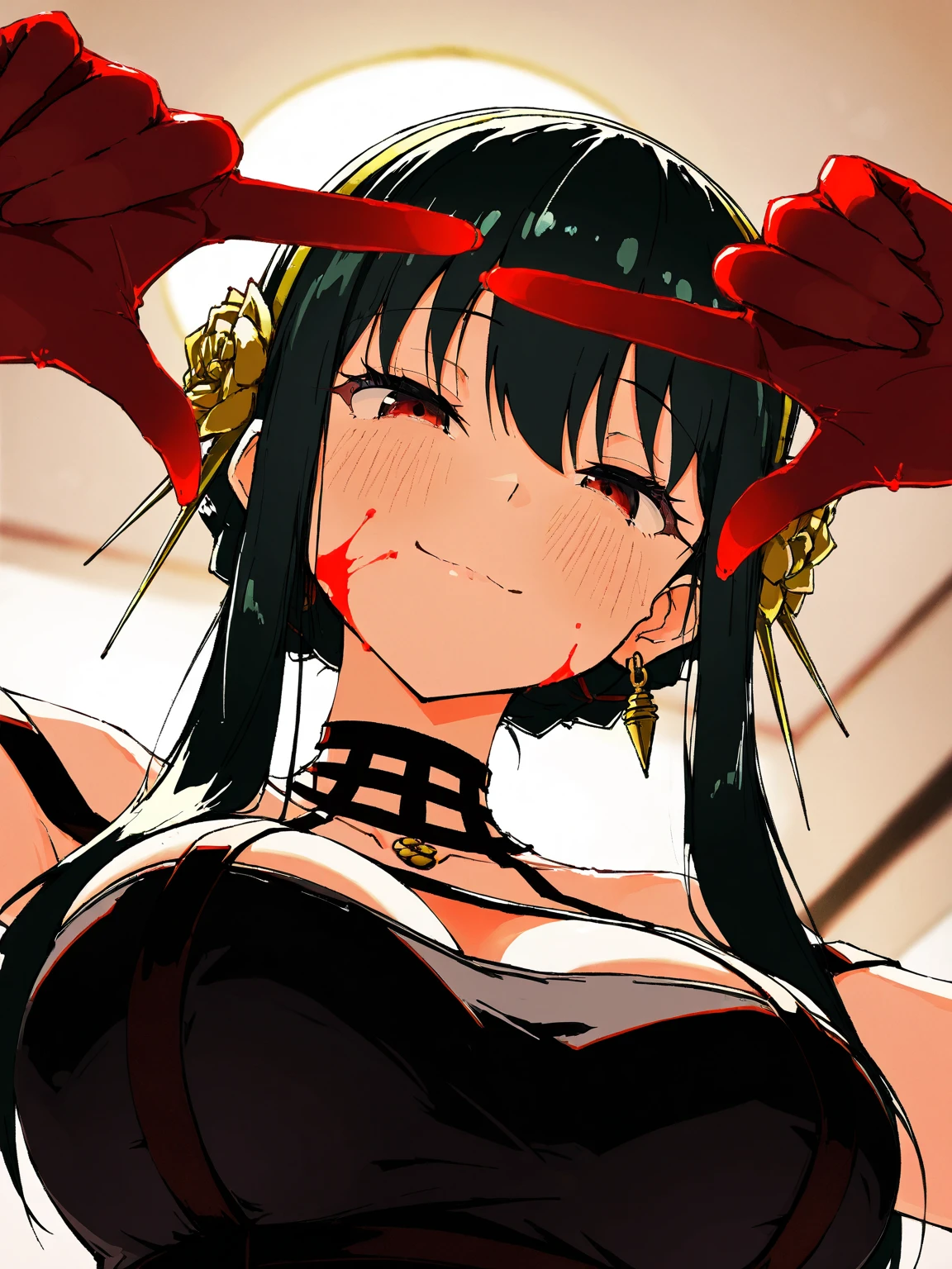 Yor briar, (finger frame:1.2), (head tilt:1.2), blood on face - SeaArt AI